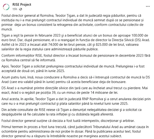 Teodor Țigan dă în judecată Romsilva după ce a primit un bonus de 100. ...