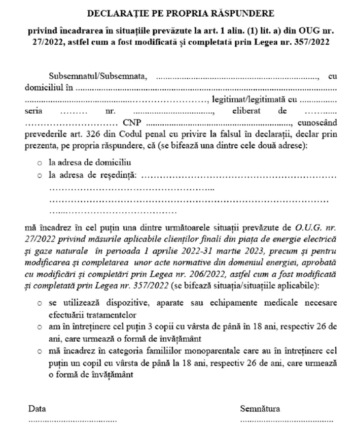 Model de declarație pe proprie răspundere pentru energie electrică. Cine trebuie să depună ...